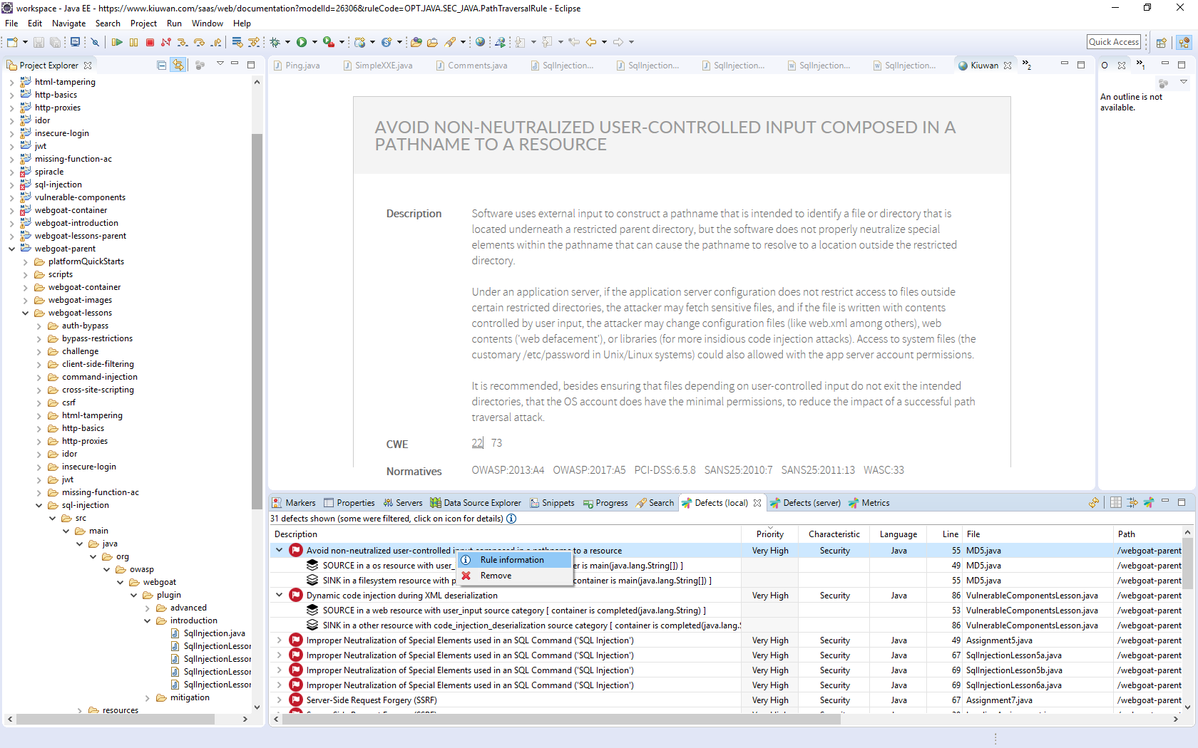 Eclipse-based IDEs - Defects list – Kiuwan