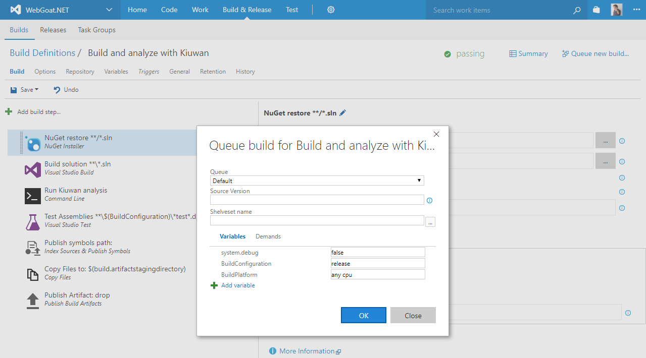 Continuous analysis with Team Foundation Server 2017 – Kiuwan