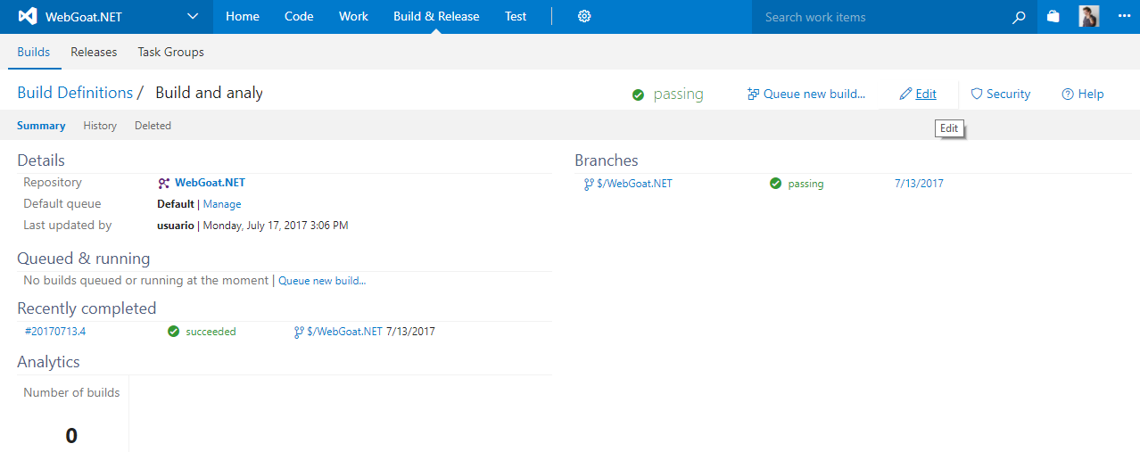 Continuous analysis with Team Foundation Server 2017 – Kiuwan